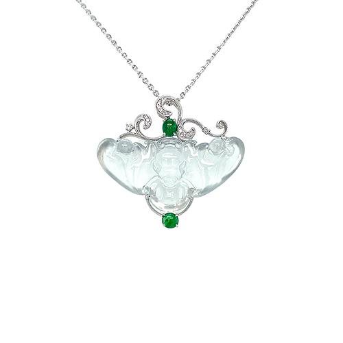 White Jade Bat and Coin Pendant and Chain - ONNEL00539